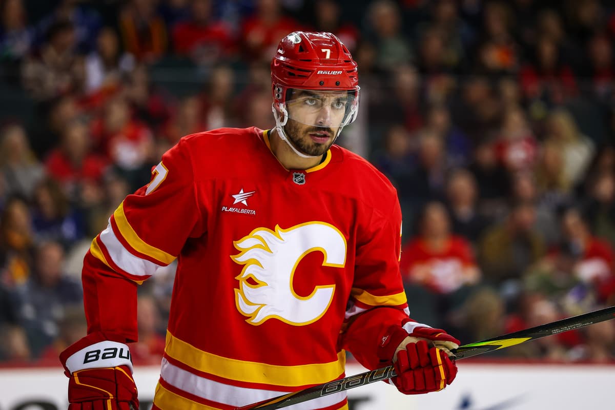 Flames defender Kevin Bahl left Thursday’s game after taking a puck to ...